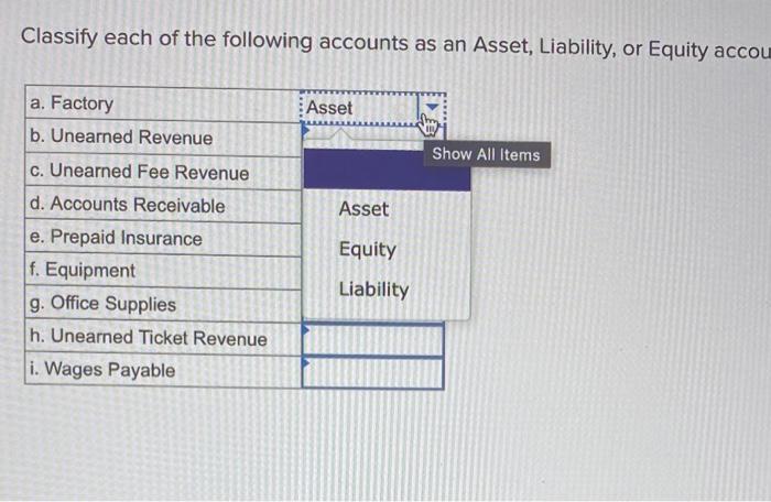 Solved Classify each of the following accounts as an Asset, | Chegg.com