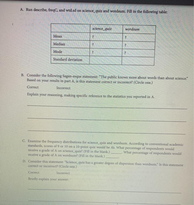 2. (Dataset: gss. Variables: science_quiz, wordsum, | Chegg.com