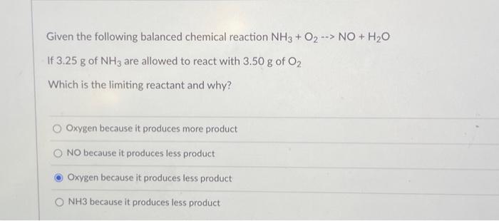 Solved Given the following balanced chemical reaction NH3 + | Chegg.com