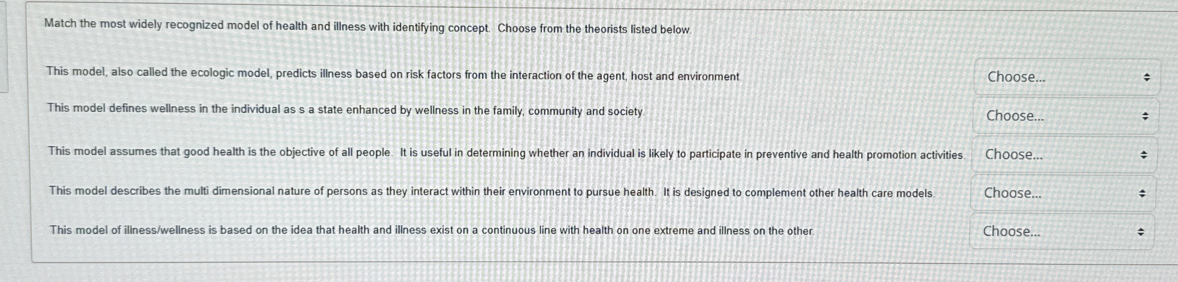 Solved Match the most widely recognized model of health and | Chegg.com