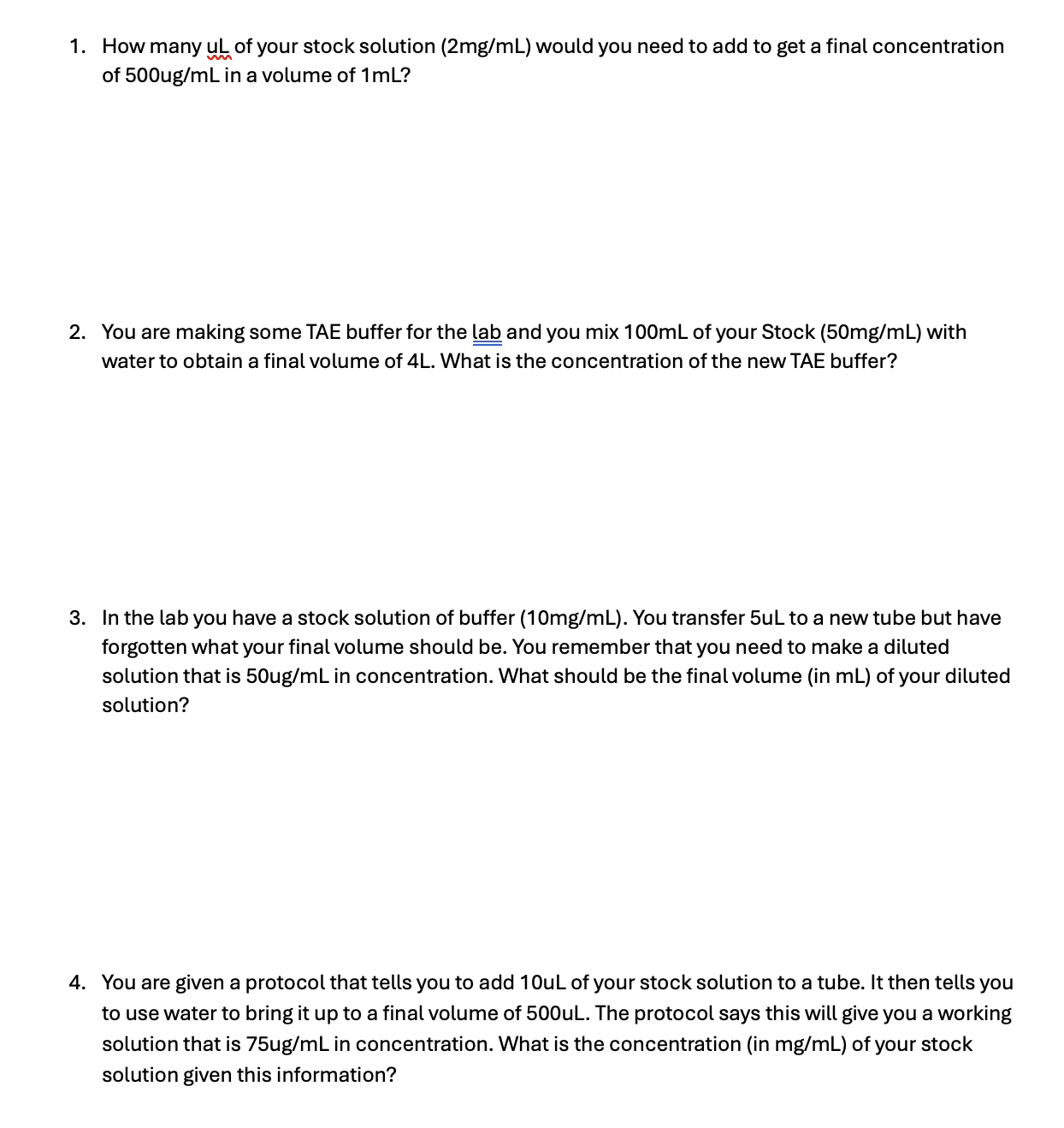 Solved 1. ﻿How many uL of your stock solution | Chegg.com