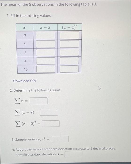 Solved The mean of the 5 observations in the following table | Chegg.com