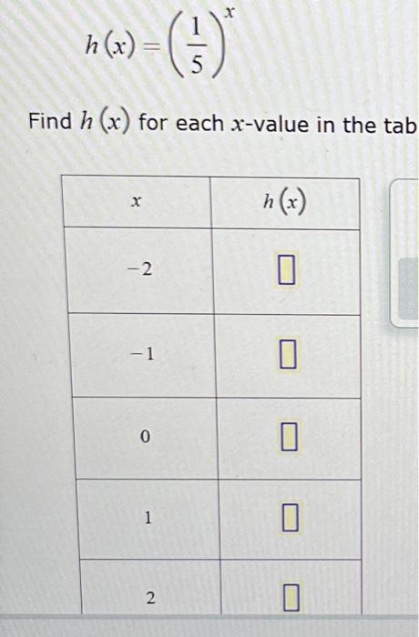 Solved h(x)=(51)x Find h(x) for each x-value in the tab | Chegg.com