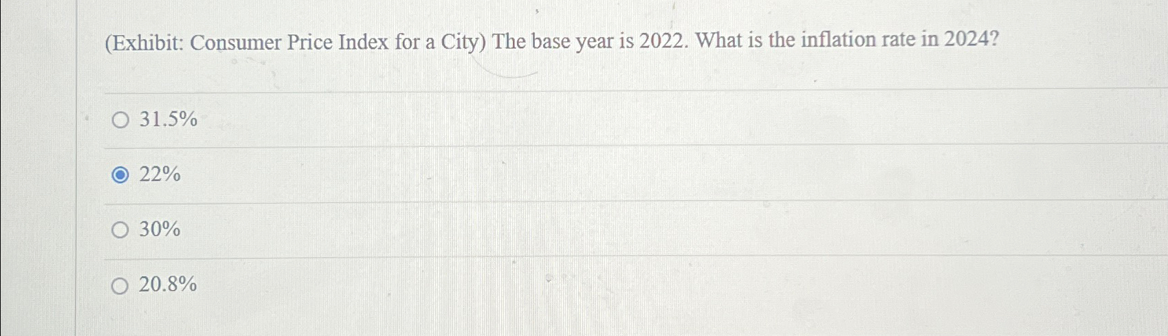 Solved (Exhibit: Consumer Price Index for a City) ﻿The base | Chegg.com