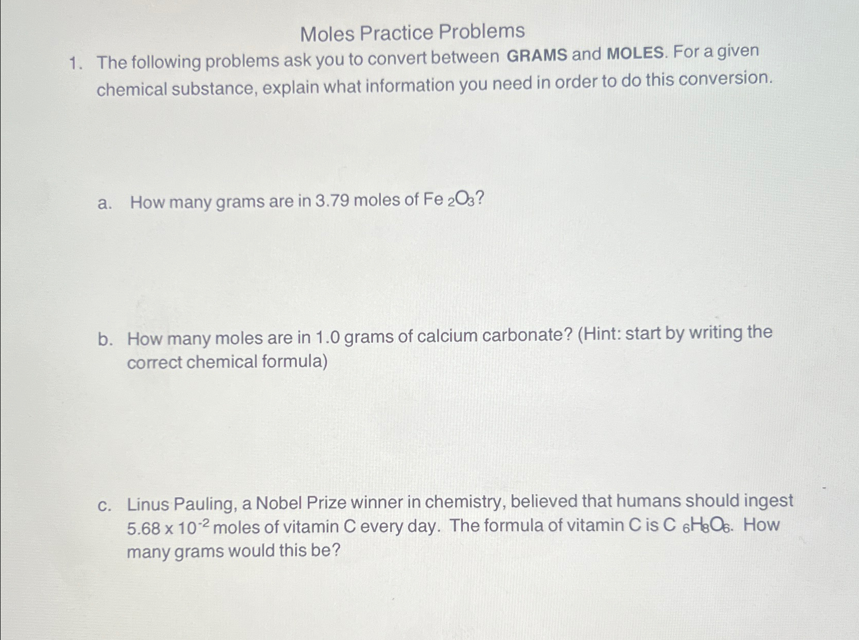 Solved Moles Practice ProblemsThe following problems ask you | Chegg.com
