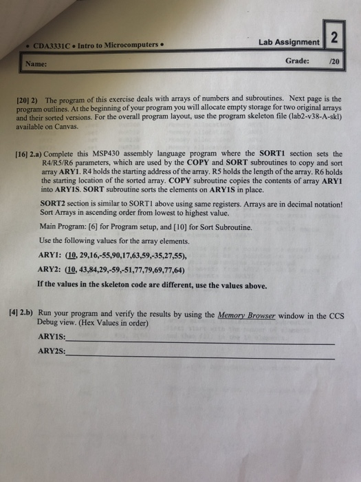 Cda3331c • Intro To Microcomputers Lab Assignment 