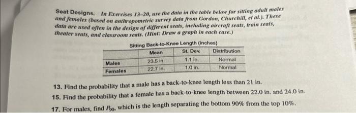 Solved Seat Designs. In Exercises 13-20, use the data in the | Chegg.com