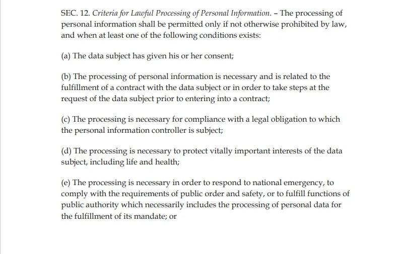 SEC. 12. Criteria for Lawful Processing of Personal | Chegg.com