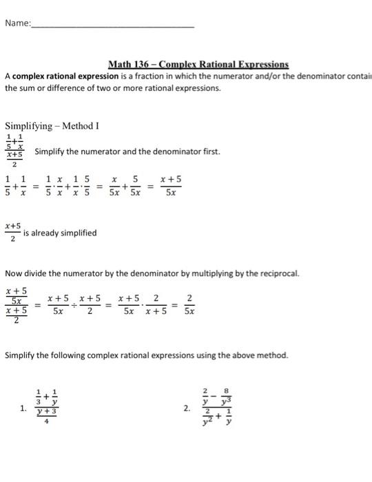 Solved Name: Math 136 - Complex Rational Expressions A | Chegg.com