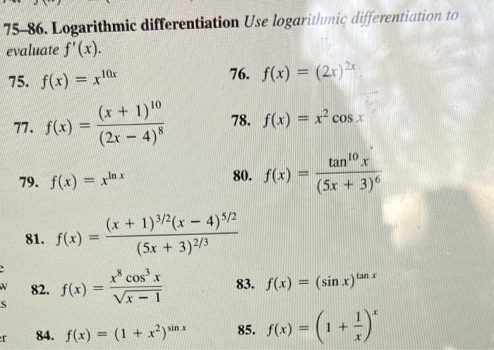 Solved 75-86. Logarithmic differentiation Use logarithmic | Chegg.com