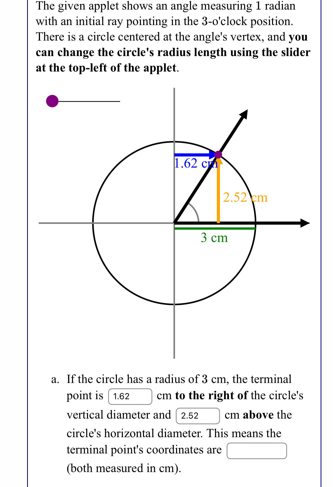Solved The given applet shows an angle measuring 1 ﻿radian | Chegg.com
