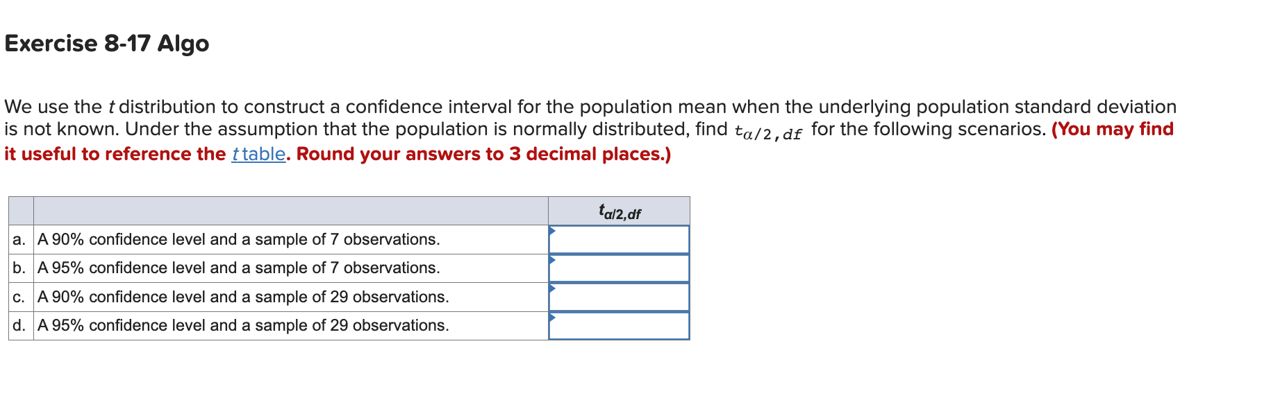 Solved Exercise 8-17 ﻿AlgoWe use the t ﻿distribution to | Chegg.com