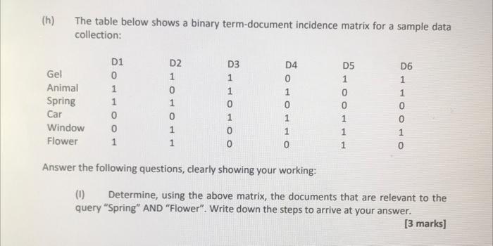 Solved (h) The table below shows a binary term-document | Chegg.com