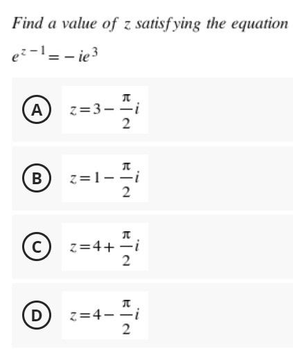 Solved Find a value of z satisfying the equation e2-1=-ie 3 | Chegg.com Solved Find a value of z satisfying the equation e2-1=-ie 3 | Chegg.com