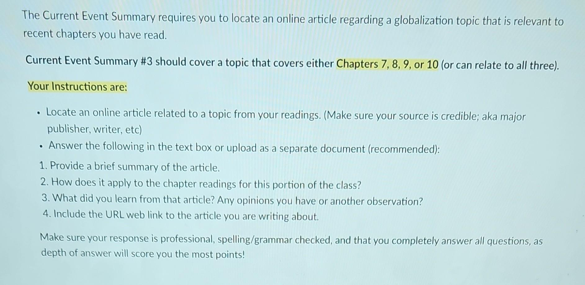 Solved The Current Event Summary requires you to locate an | Chegg.com