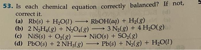 Solved 53. Is each chemical equation correctly balanced? If | Chegg.com