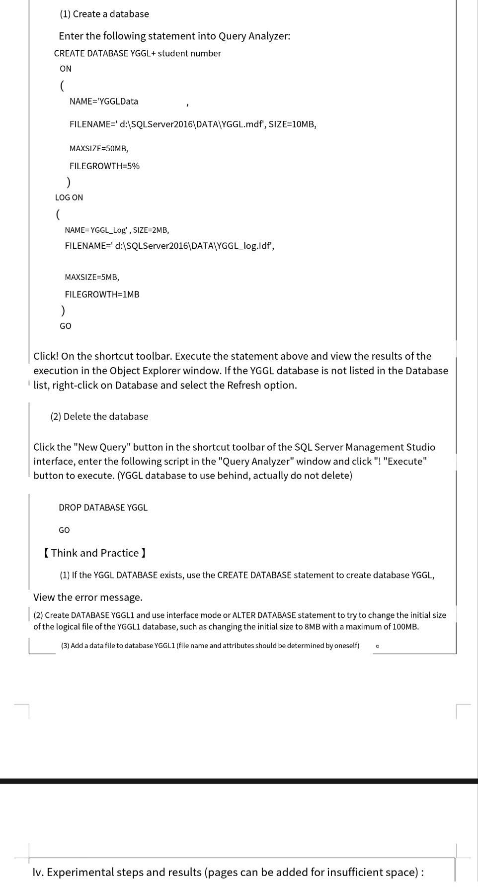 Solved 1 Experiment - Database creation Purpose of | Chegg.com