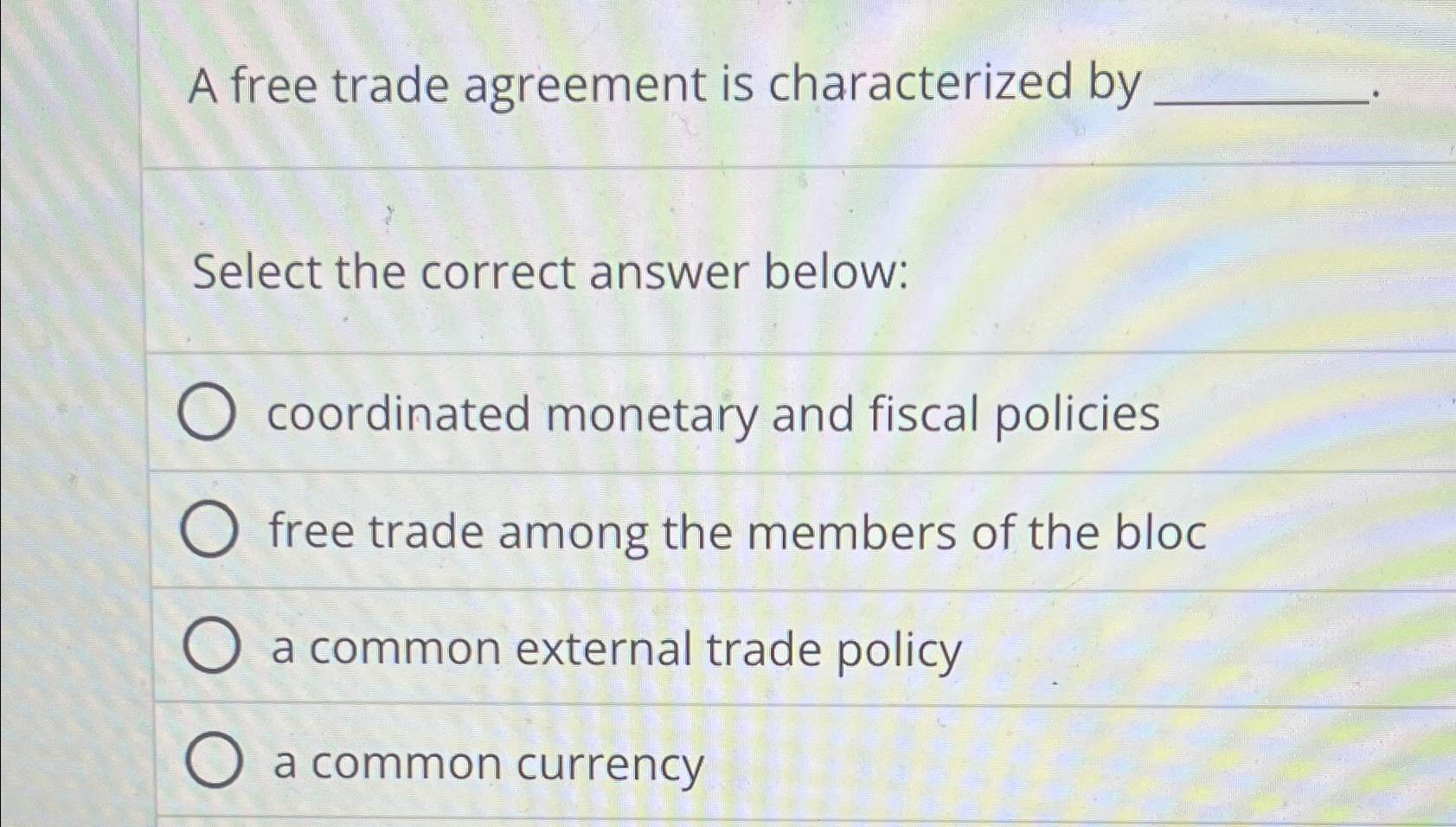 Solved A free trade agreement is characterized bySelect the | Chegg.com