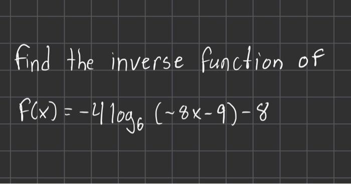 Solved Find the inverse function of f(x)=−4log6(−8x−9)−8 | Chegg.com