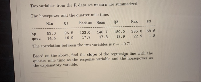 Solved Two variables from the R data set mtcars are | Chegg.com