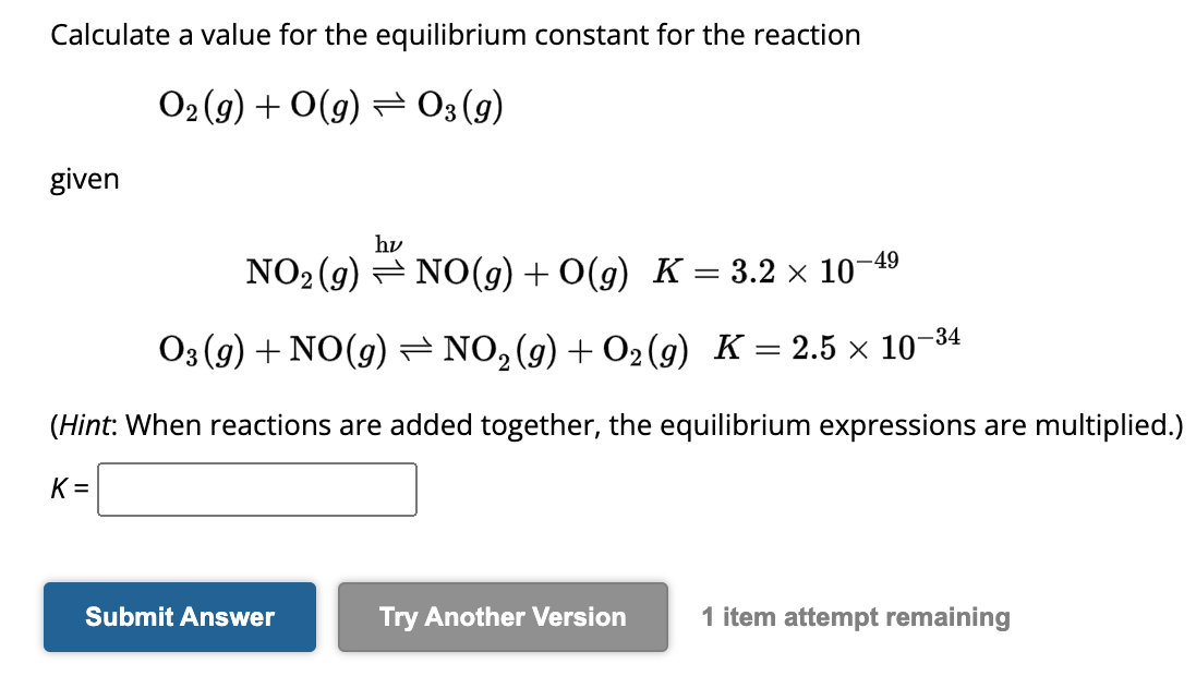 Solved Calculate a value for the equilibrium constant for | Chegg.com