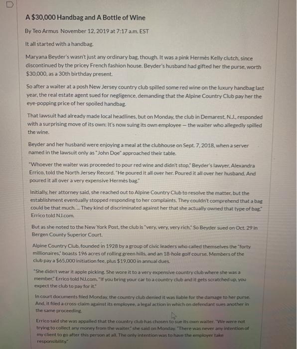 Solved A $30,000 Handbag and A Bottle of Wine By Teo Armus | Chegg.com