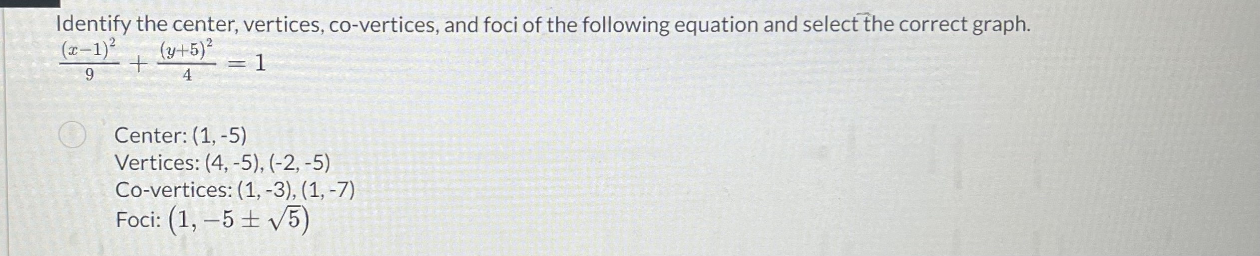 Solved Identify the center, vertices, co-vertices, and foci | Chegg.com