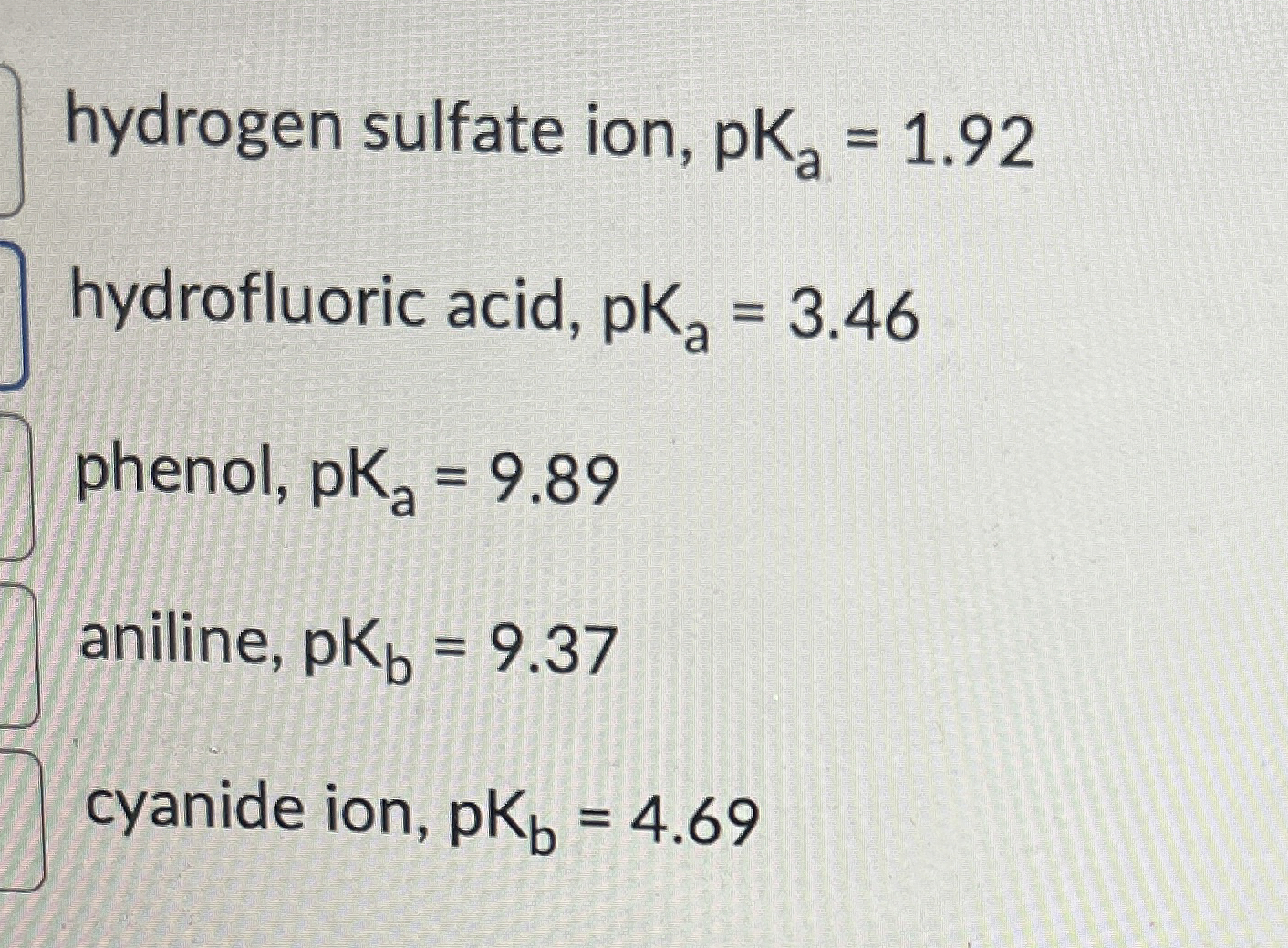 Solved hydrogen sulfate ion, pKa=1.92hydrofluoric acid, | Chegg.com