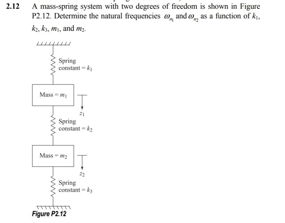 Solved 2.12 A mass-spring system with two degrees of freedom | Chegg.com
