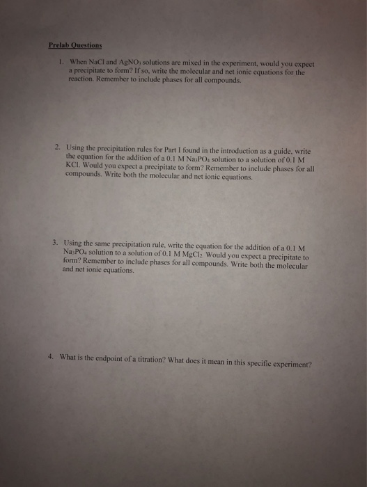 Solved Prelab Questions 1. When NaCl and AgNO, solutions are | Chegg.com