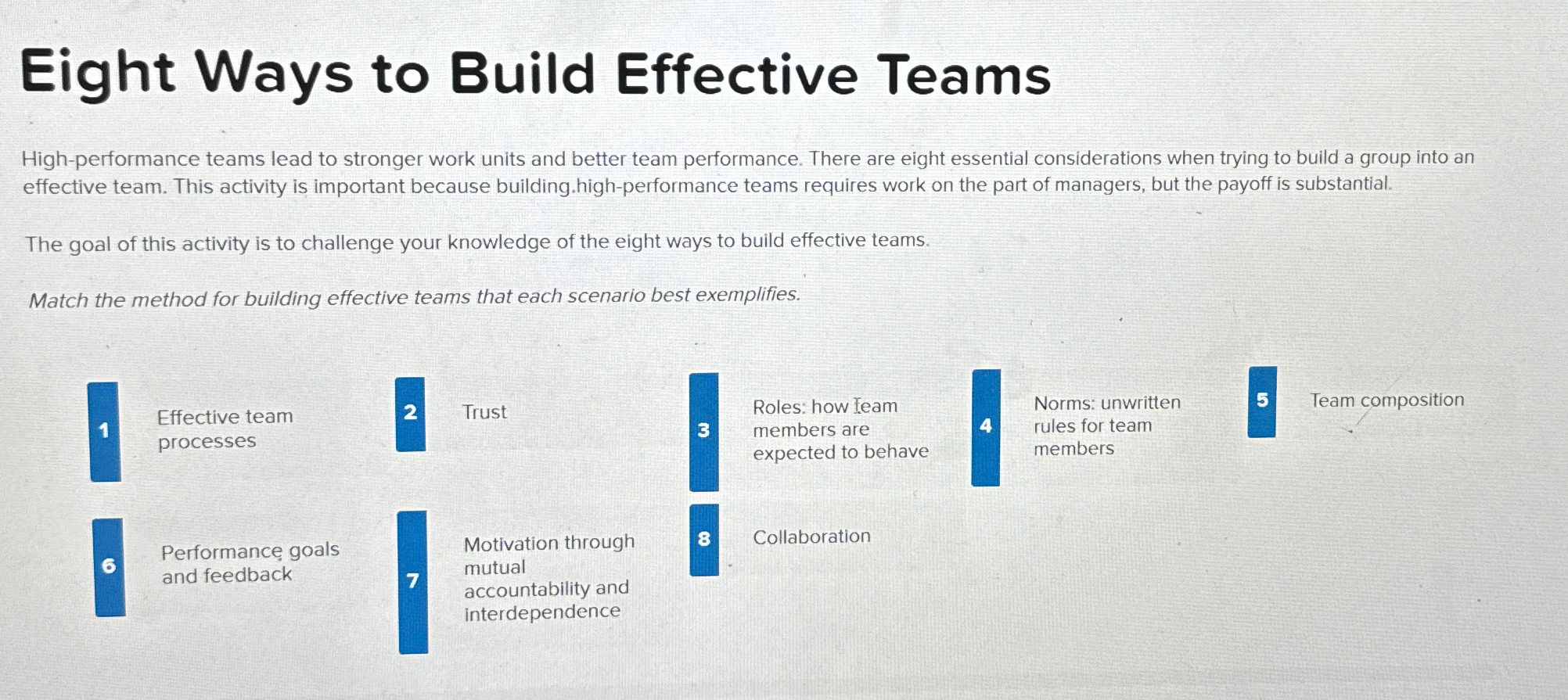 Solved Eight Ways To Build Effective Teamshigh Performance Chegg