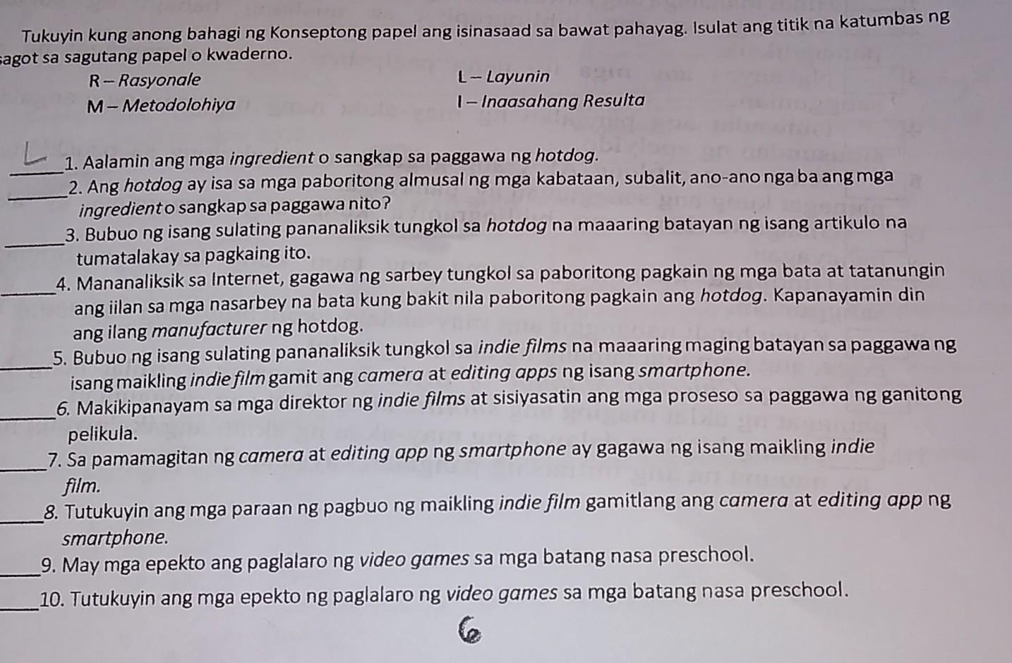 Tukuyin kung anong bahagi ng Konseptong papel ang | Chegg.com