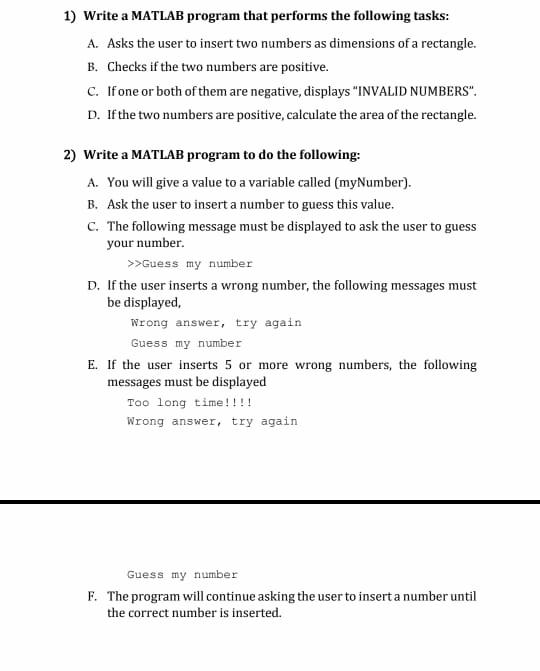 Solved 1) Write a MATLAB program that performs the following | Chegg.com