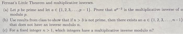 Solved Fermat's Little Theorem and multiplicative inverses. | Chegg.com