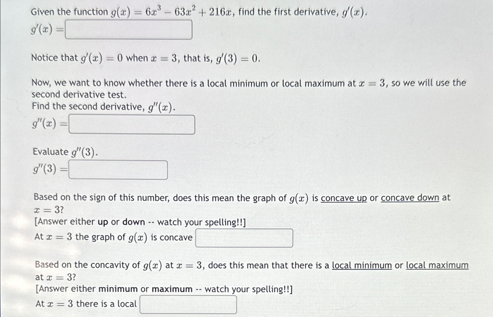 Solved Given the function g(x)=6x3-63x2+216x, ﻿find the | Chegg.com