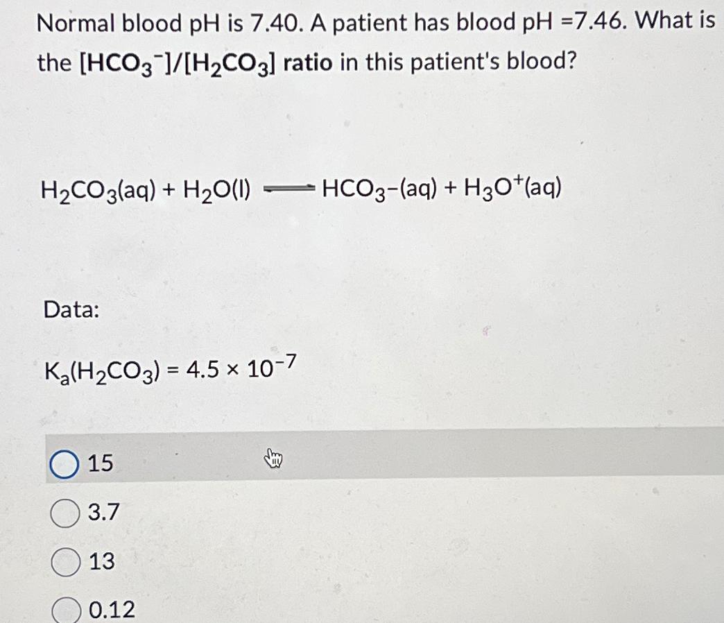 Solved Normal blood pH ﻿is 7.40. ﻿A patient has blood | Chegg.com