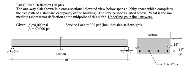 Solved by an EXPERT Part C. ﻿Slab Deflection (20 pts)The one-way slab ...