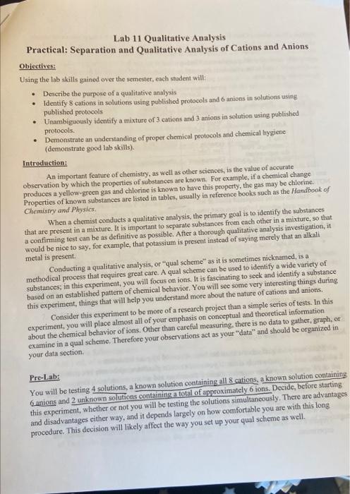 Lab 11 Qualitative Analysis Practical: Separation and | Chegg.com