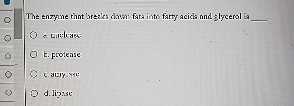 Solved The enzyme that breaks down fats into fatty acids and | Chegg.com