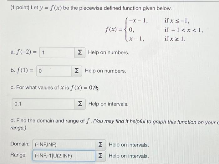 Solved (1 point) Let y = f(x) be the piecewise defined | Chegg.com