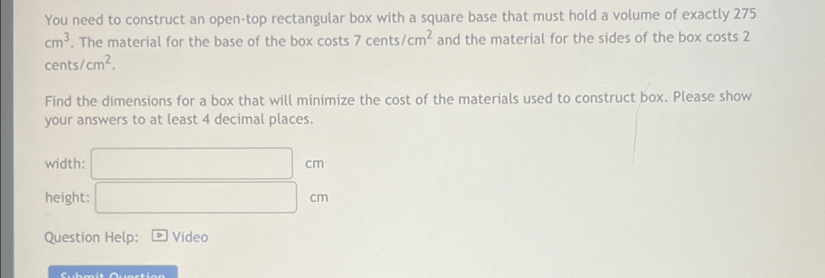 Solved You need to construct an open-top rectangular box | Chegg.com