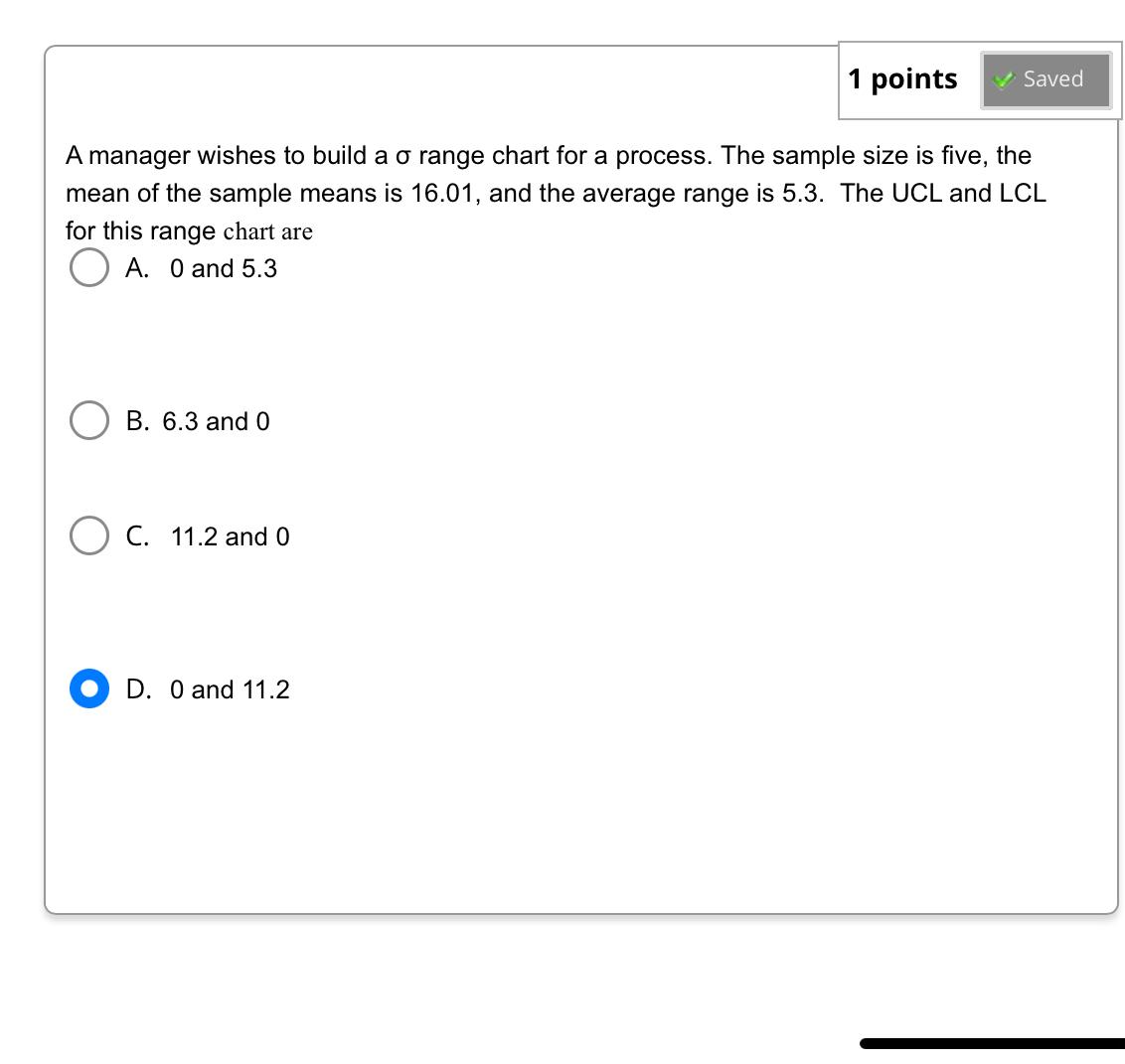 Solved 1 ﻿pointsA manager wishes to build a σ ﻿range chart | Chegg.com