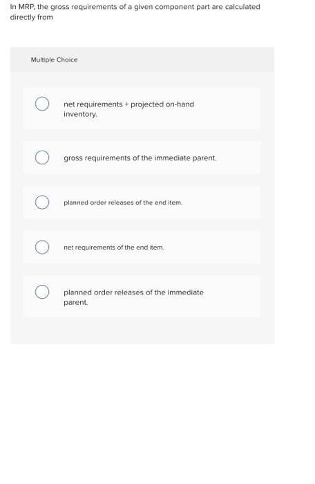 Solved In MRP, the gross requirements of a given component | Chegg.com