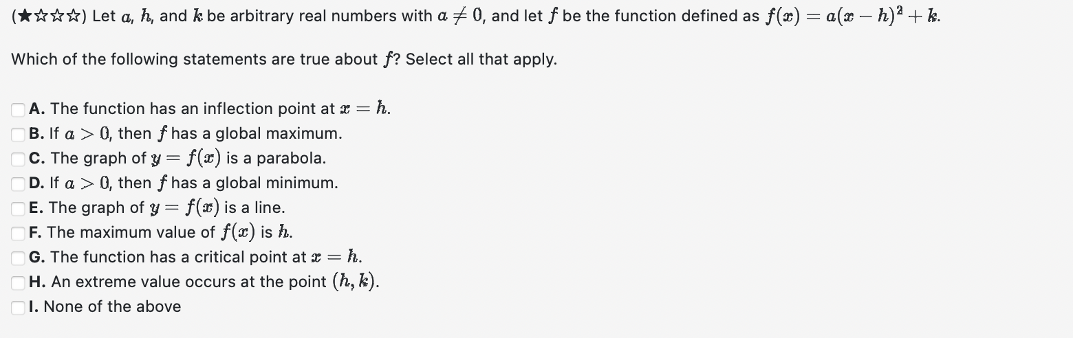 Solved (***ξξ⇝) ﻿Let a,h, ﻿and k ﻿be arbitrary real numbers | Chegg.com