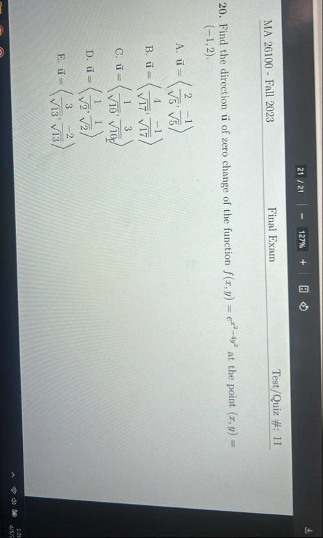[Solved]: (21)/(21) 127% MA 26100 - Fall 2023 Final Exam Tes