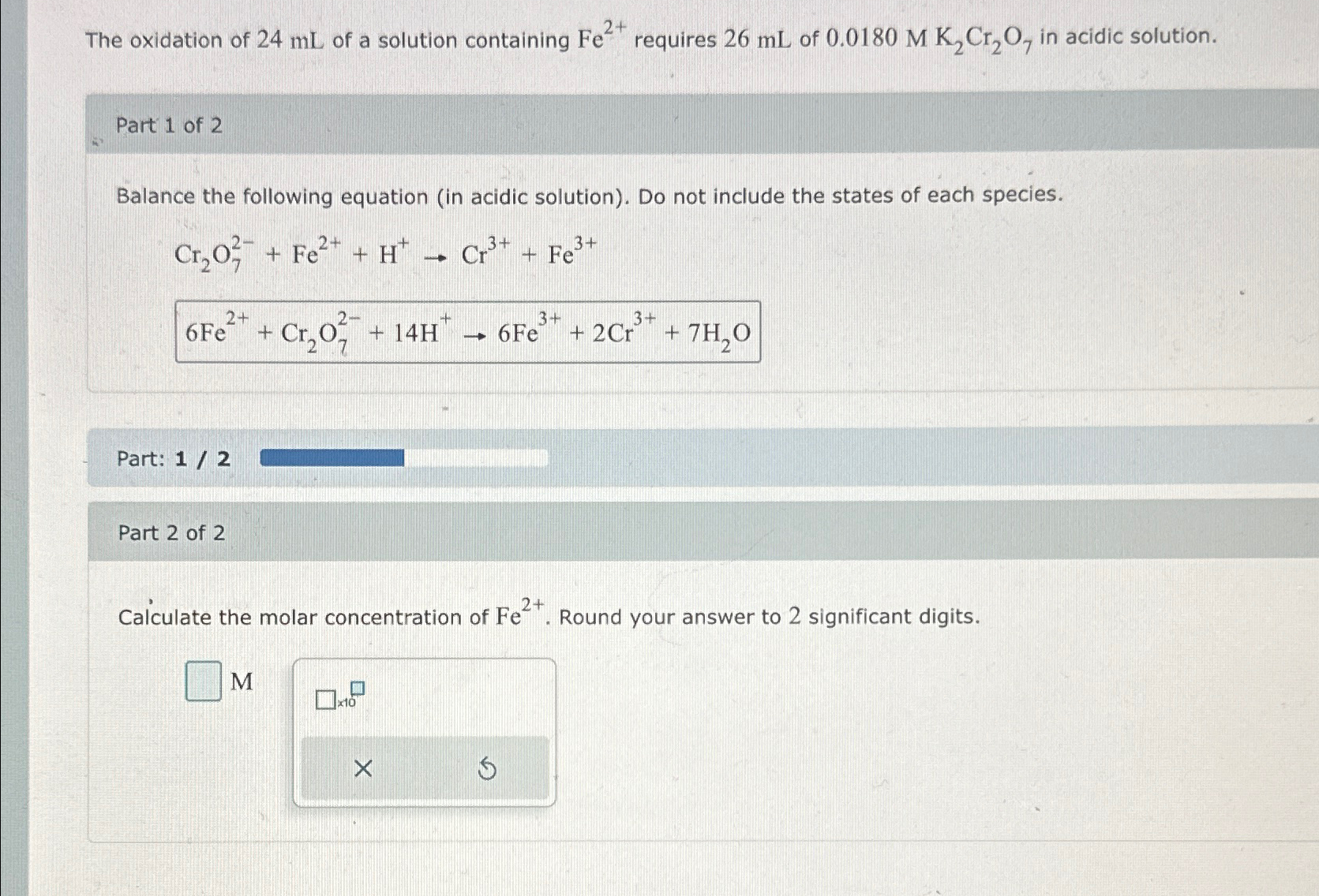 Solved The oxidation of 24mL ﻿of a solution containing Fe2+ | Chegg.com