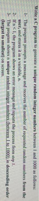 Solved Write A C Program To Generate N Unique Random Integer