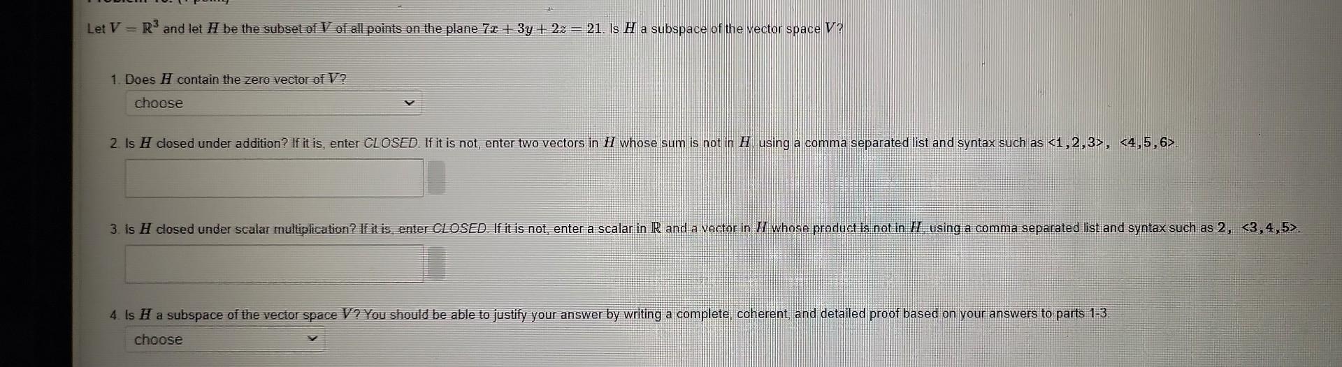 Solved Let V=R3 and let H be the subset of V of all points | Chegg.com