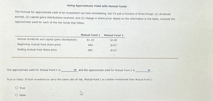 Solved Using Approximate Yield with Mutual Funds The formula | Chegg.com