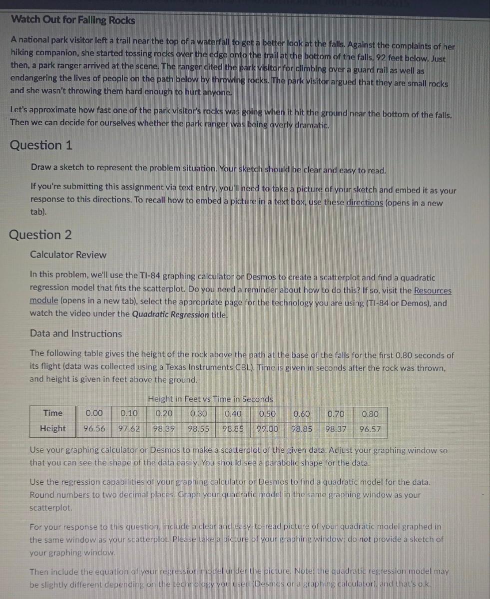 Solved Watch Out for Falling Rocks A national park visitor | Chegg.com